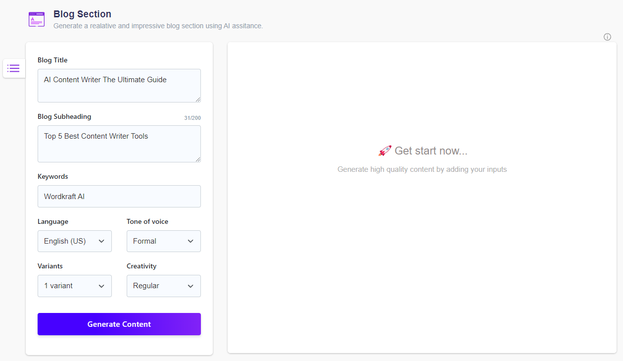 Free Blog Section Generator Online - Wordkraft