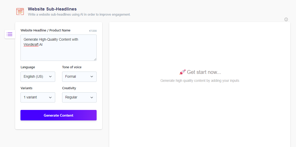 Online Free Website Sub-Headline Generator - Wordkraft