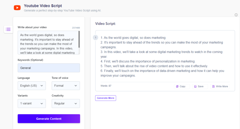 YouTube Video Script Generator - Wordkraft