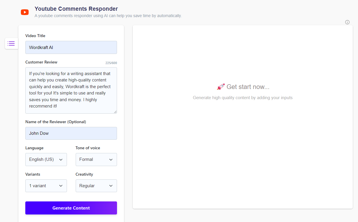 YouTube Comments Responder Generator - Wordkraft