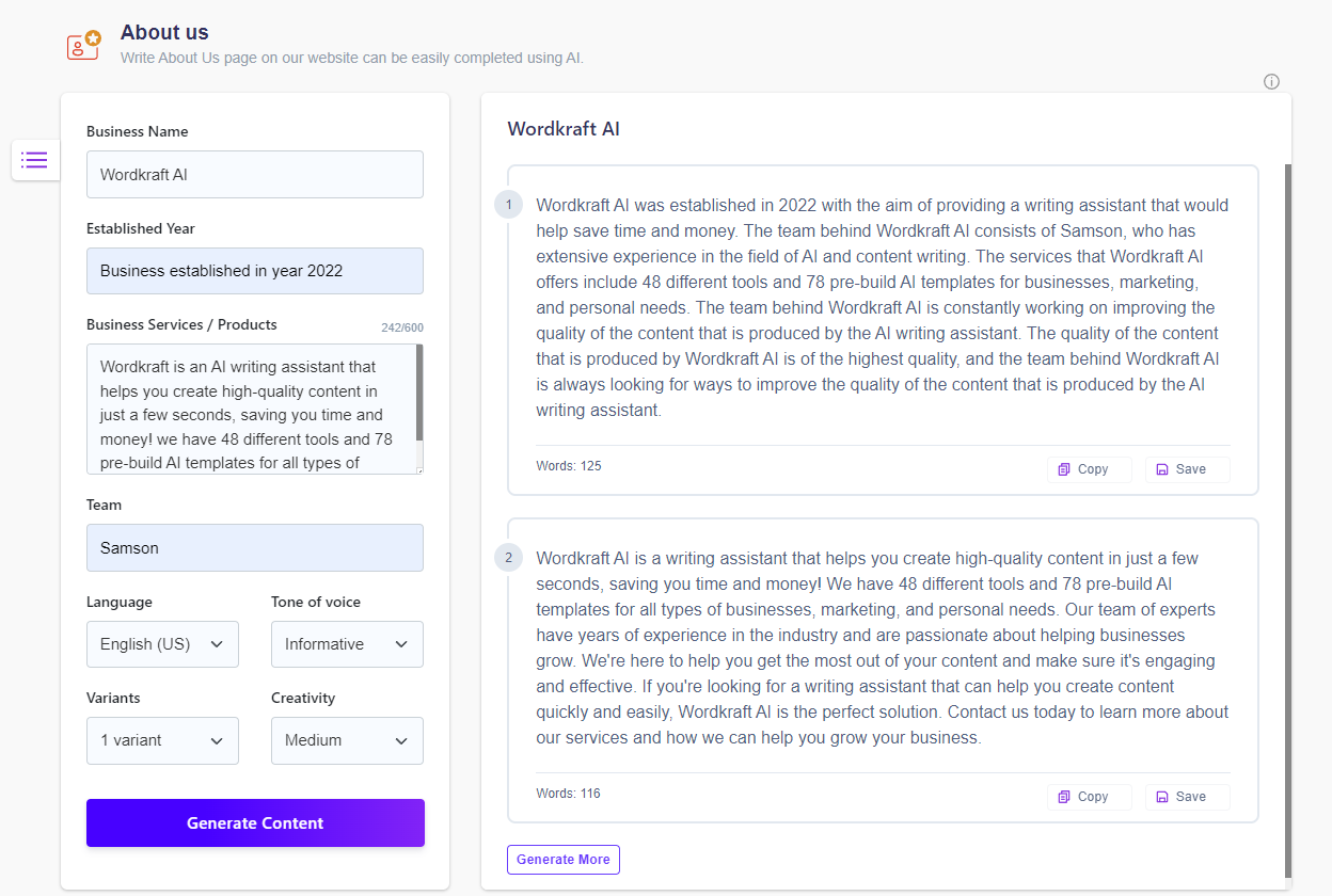 About Us Generator - Wordkraft