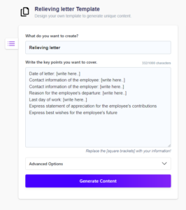 Relieving letter Template: AI Generator with Examples - Wordkraft