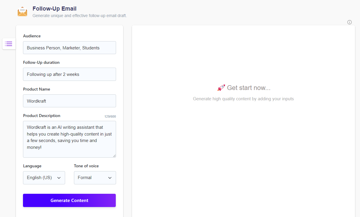 Follow-up Email Generator - Wordkraft