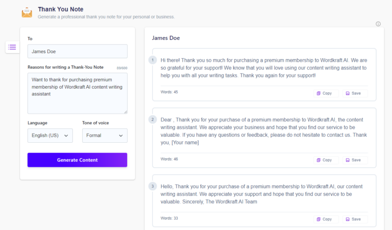 Best Free Online Thank you Note Generator - Wordkraft AI
