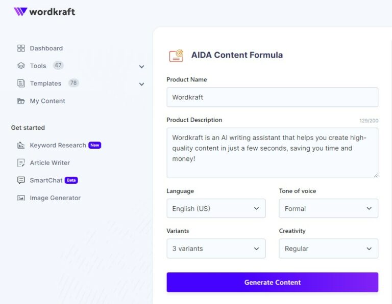 Best Free Online AIDA Content Generator Tool - Wordkraft