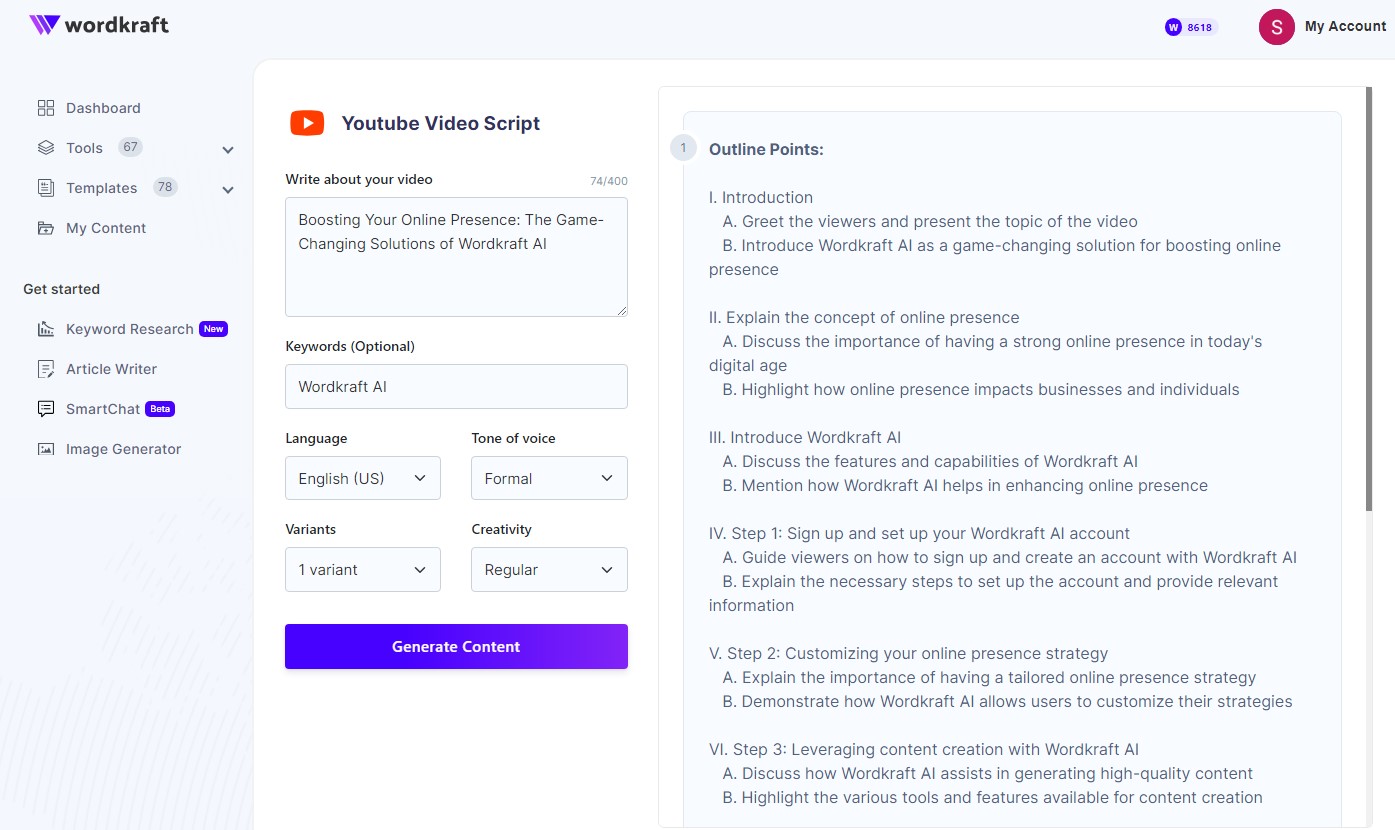 Best Free Online YouTube Video Script Generator Tool - Wordkraft