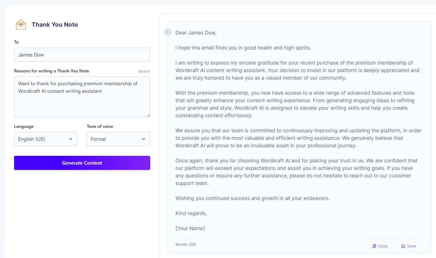 Best Free Online Thank You Note Generator - Wordkraft